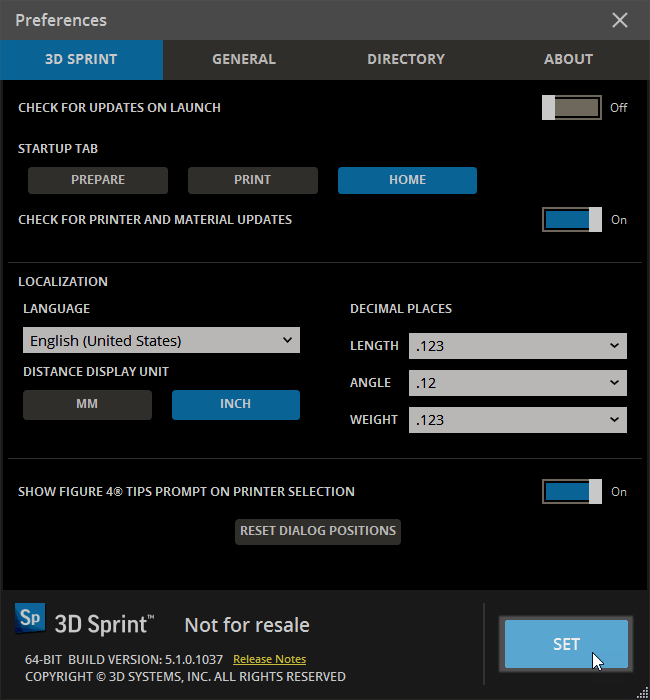 How do I change the startup tab in 3D Sprint